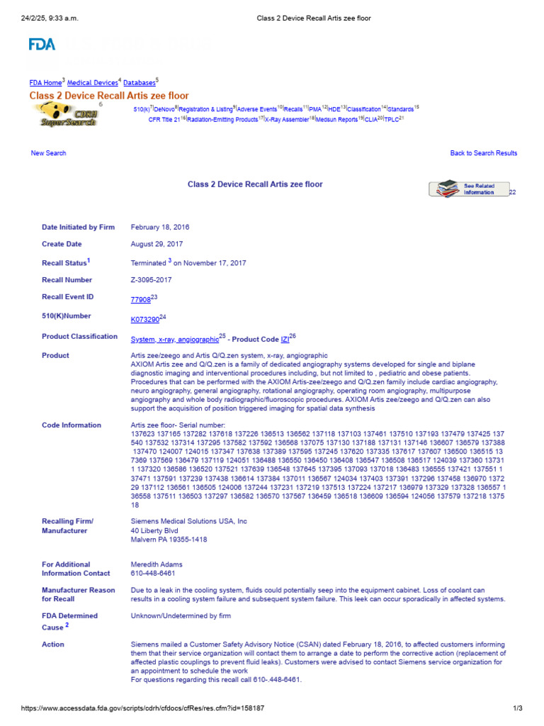 Recall Artis Zee Floor - FDA 2017 | PDF | Angiography | Food And Drug ...