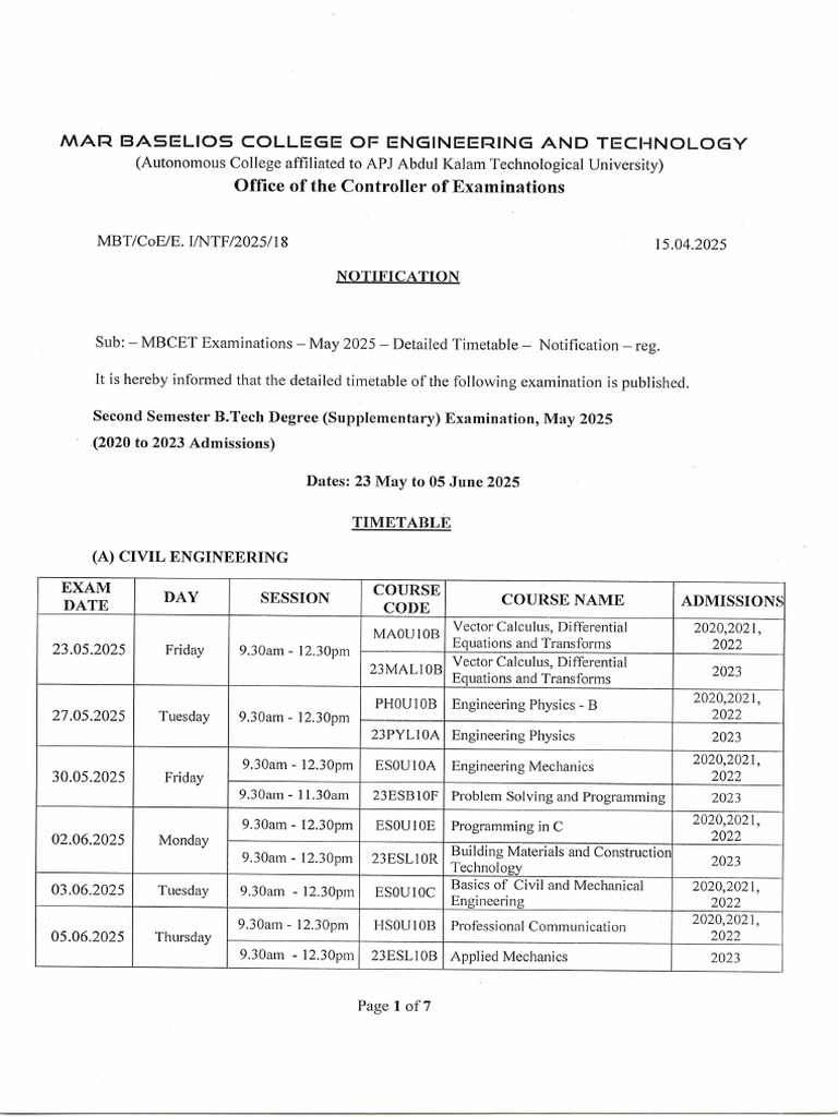 S2 (S) Examination, May 2025 - Detailed Timetable - NTF | PDF | Engineering | Physics