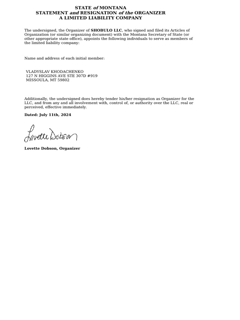 Lovette Dobson's LLC Organizer Resignation | PDF