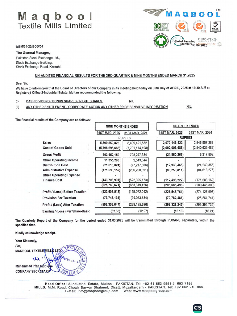 Maqbool Textile - Q1 2025 | PDF