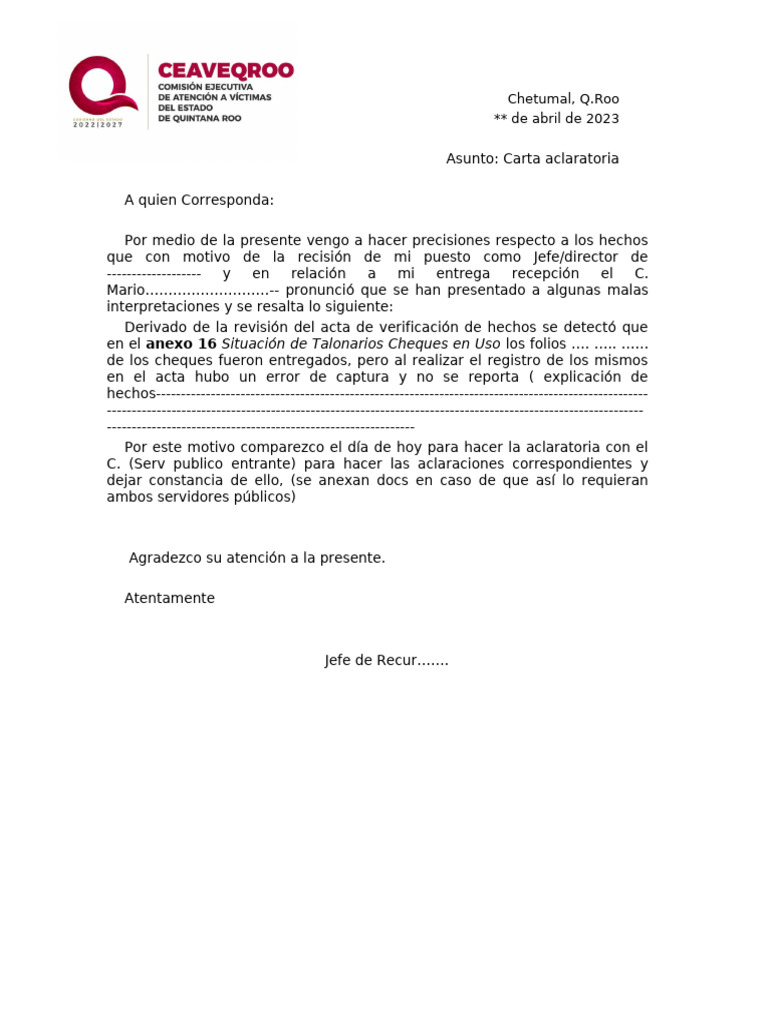 Modelo De Carta Aclaratoria Pdf
