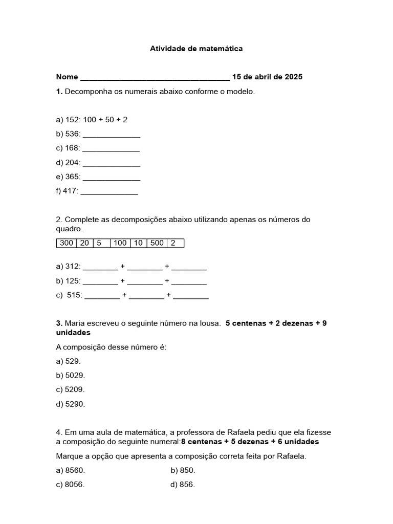Atividade de Matemática: Decomposição Numérica | PDF