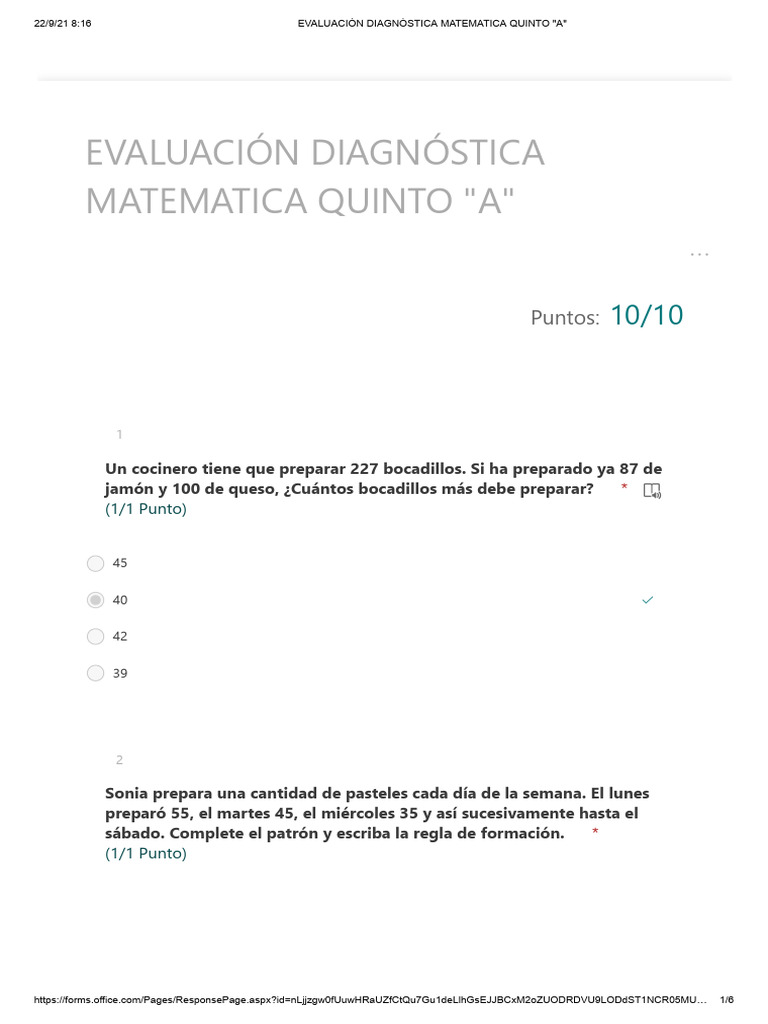 Evaluación Diagnóstica Matematica Quinto _a | PDF