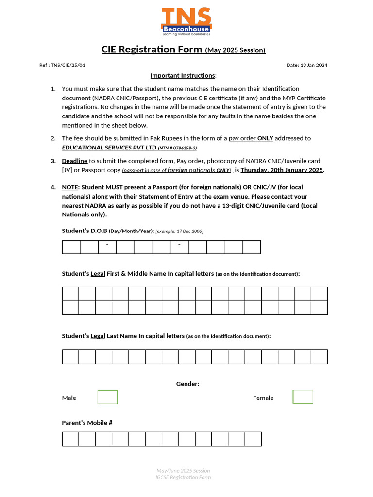 CIE Registration Form for 2025 Exams | PDF | Identity Document ...