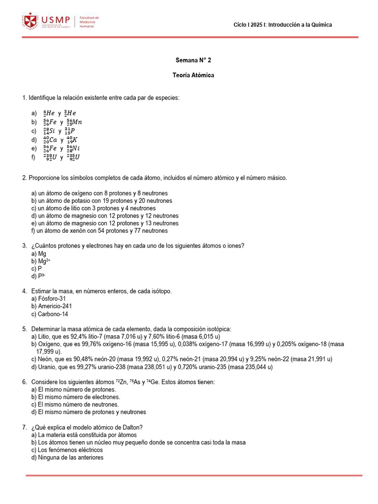 Int Qui S2 Ejercicios | PDF | Átomos | Núcleo atómico