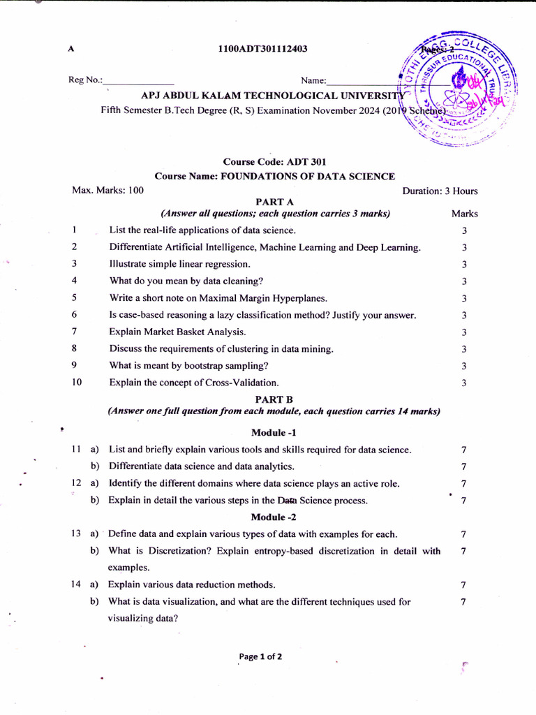 ADT 301: Foundations of Data Science Exam | PDF | Data | Data Science