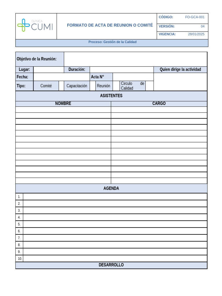 Fo-Gca-001 Acta de Reunion o Comité | PDF