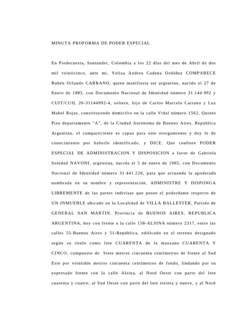 Minuta Proforma Poder Carrano | PDF | Derecho privado