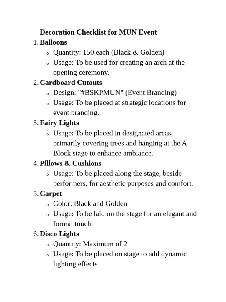 Decoration Checklist For MUN Event | PDF