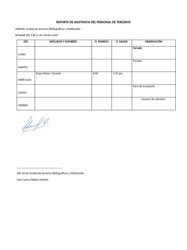 ASISTENCIA Rojas Matos, Gerardo 7 - 11 de Octubre | PDF