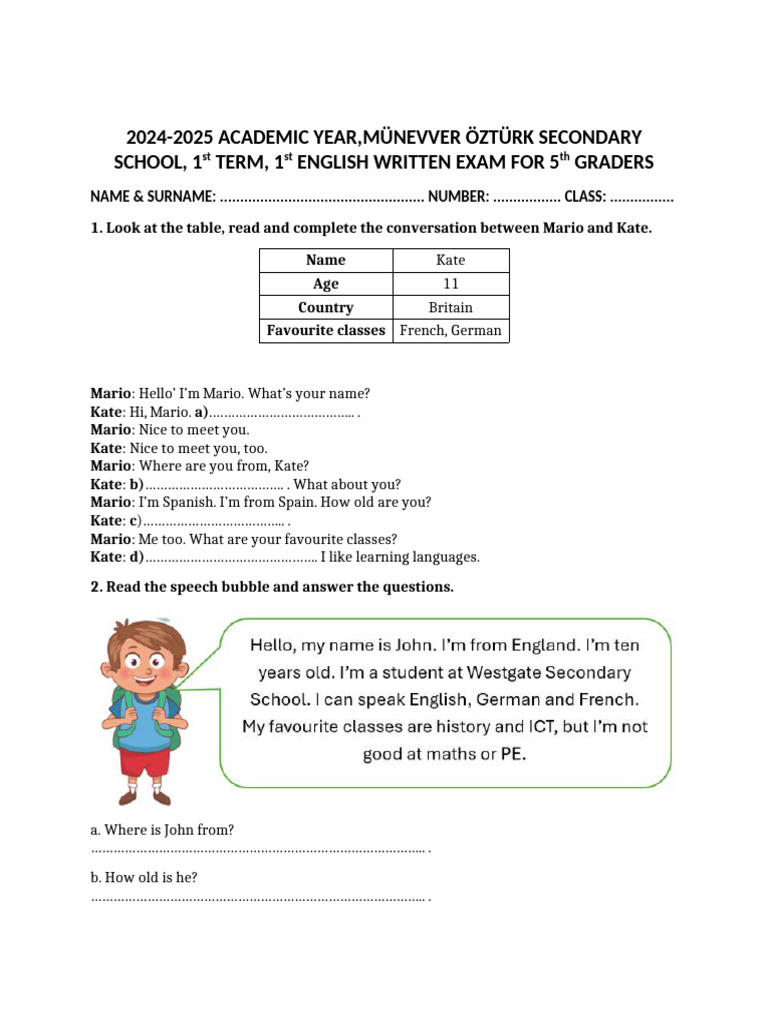5th Grade English Exam 2024-2025 | PDF | Human Communication | Linguistics