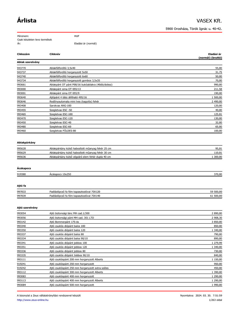 Árlista: Vasex KFT | PDF