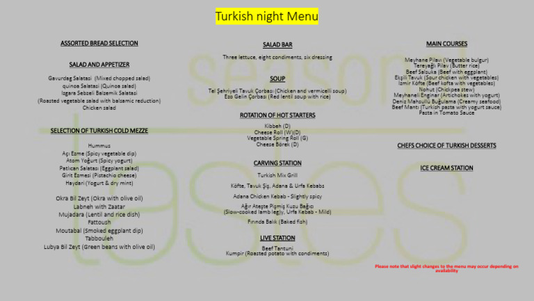 Seasonal - Friday Turkish Night Menu | PDF | Turkish Cuisine | Salad