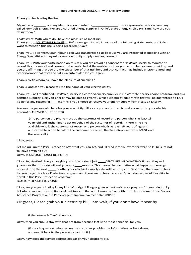 NextVolt OH Inbound Sales Script - EN - 6-28-24 | PDF