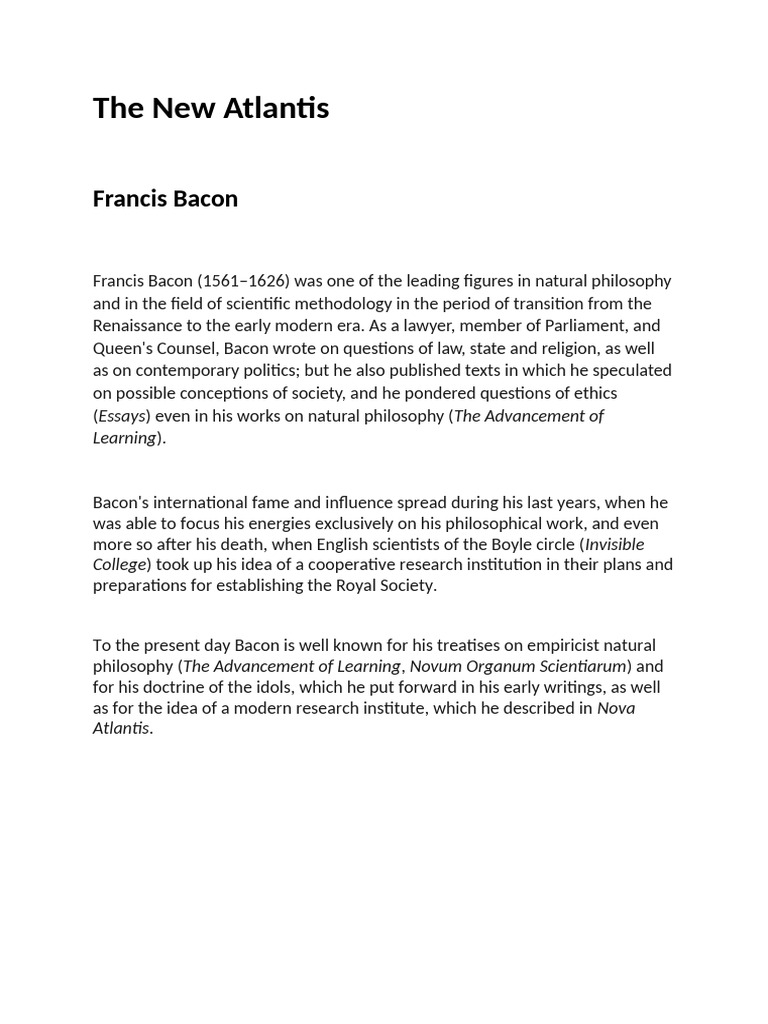 Summary of Bacon's New Atlantis | PDF | Francis Bacon | Science