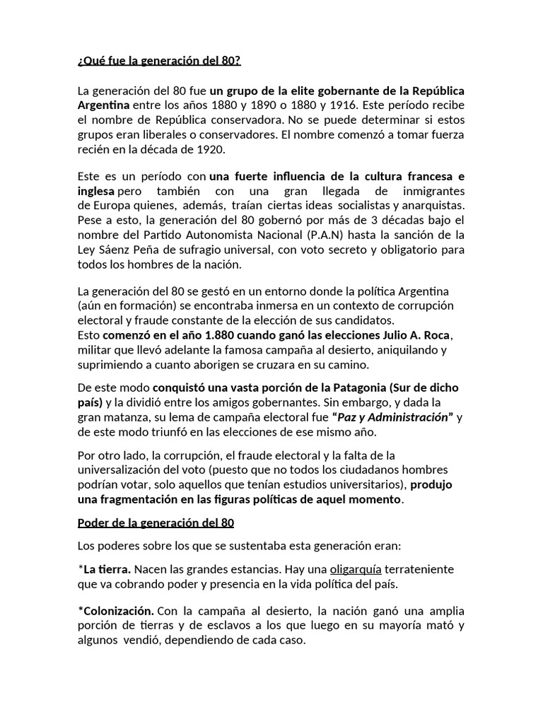 La Generación del 80 en Argentina | PDF | Inmigración | Argentina