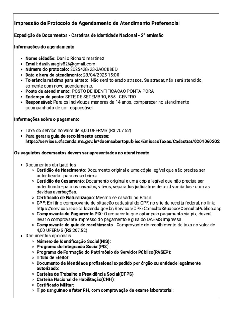 Impressão de Protocolo de Agendamento de Atendimento | PDF
