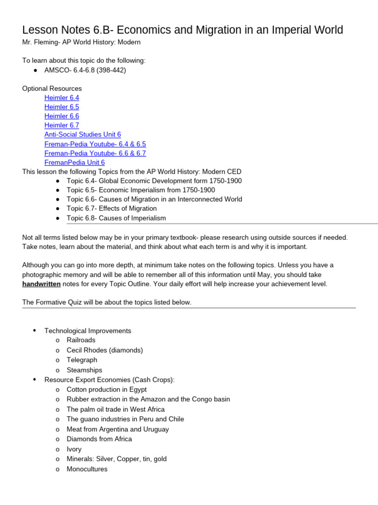 Lesson Notes - 6.B - Economics and Migration During Imperialism | PDF ...