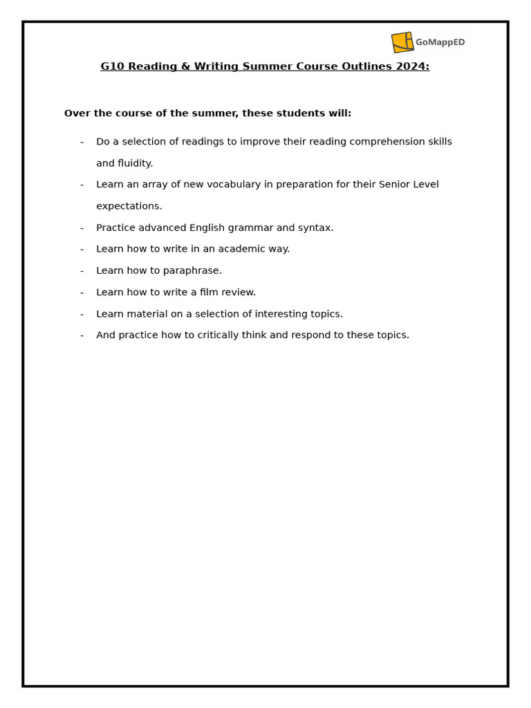 G10 Reading & Writing Summer Outlines | PDF