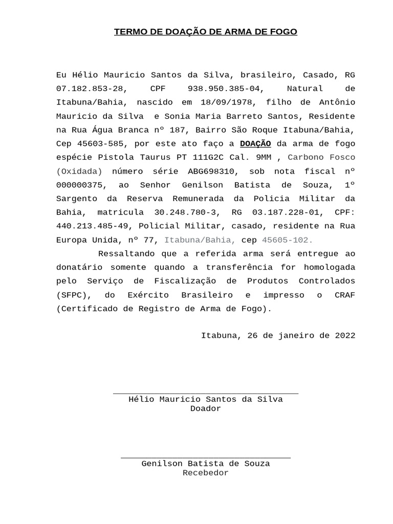 Modelo Termo de Doacao de Arma de Fogo | PDF