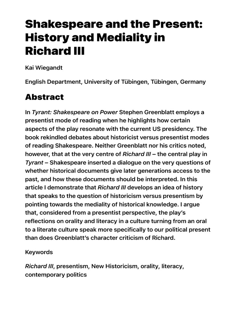 Shakespeare and The Present - History and Mediality in Richard III ...