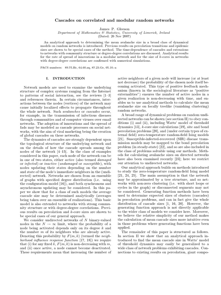 Gleeson08 Cascades On Correlated and Modular Random Networks | PDF | Applied Mathematics ...