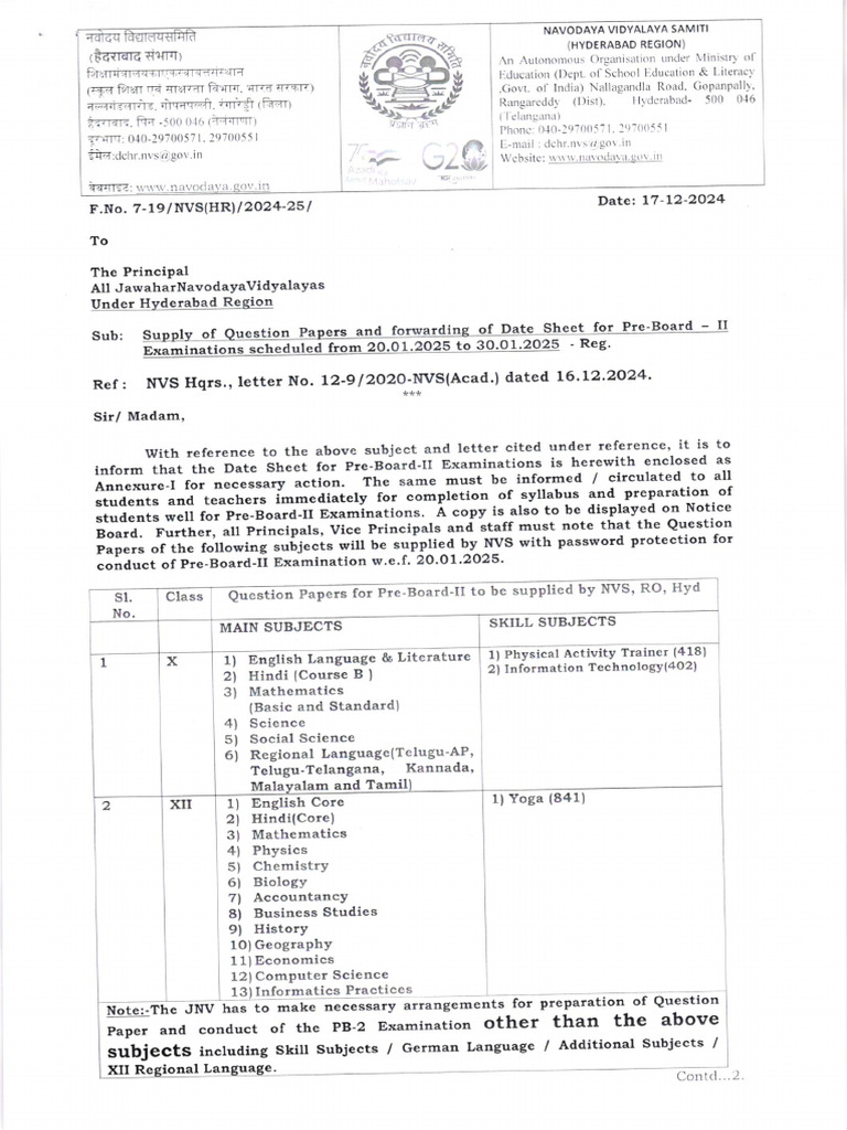 Pre-Board-2 Date Sheet & Instructions 17.12.2024 | PDF | Inquiry | Science