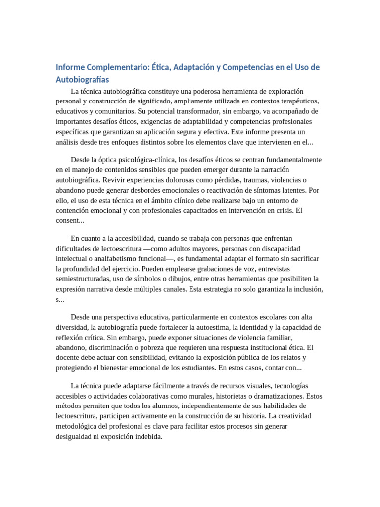Informe_Complementario_Autobiografia | PDF | Inclusión (Educación) | Las emociones