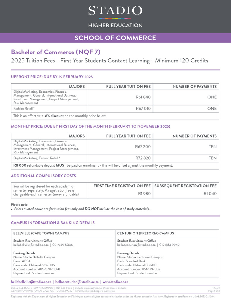 STADIO SOC CL BCom Fees 2025 | PDF | Fee | Banks