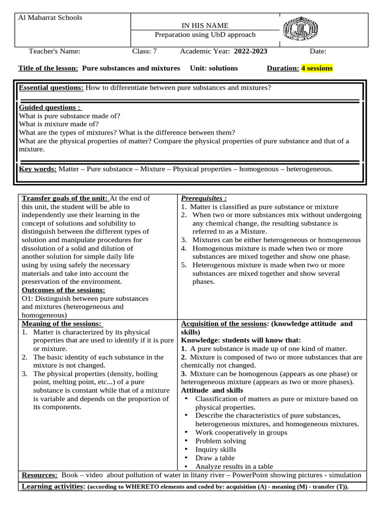 Pure Substances vs. Mixtures Lesson Plan | PDF | Mixture | Homogeneity ...