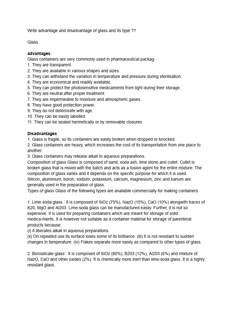 Advantages and Disadvantages of Glass in Pharmacy | PDF | Glasses ...