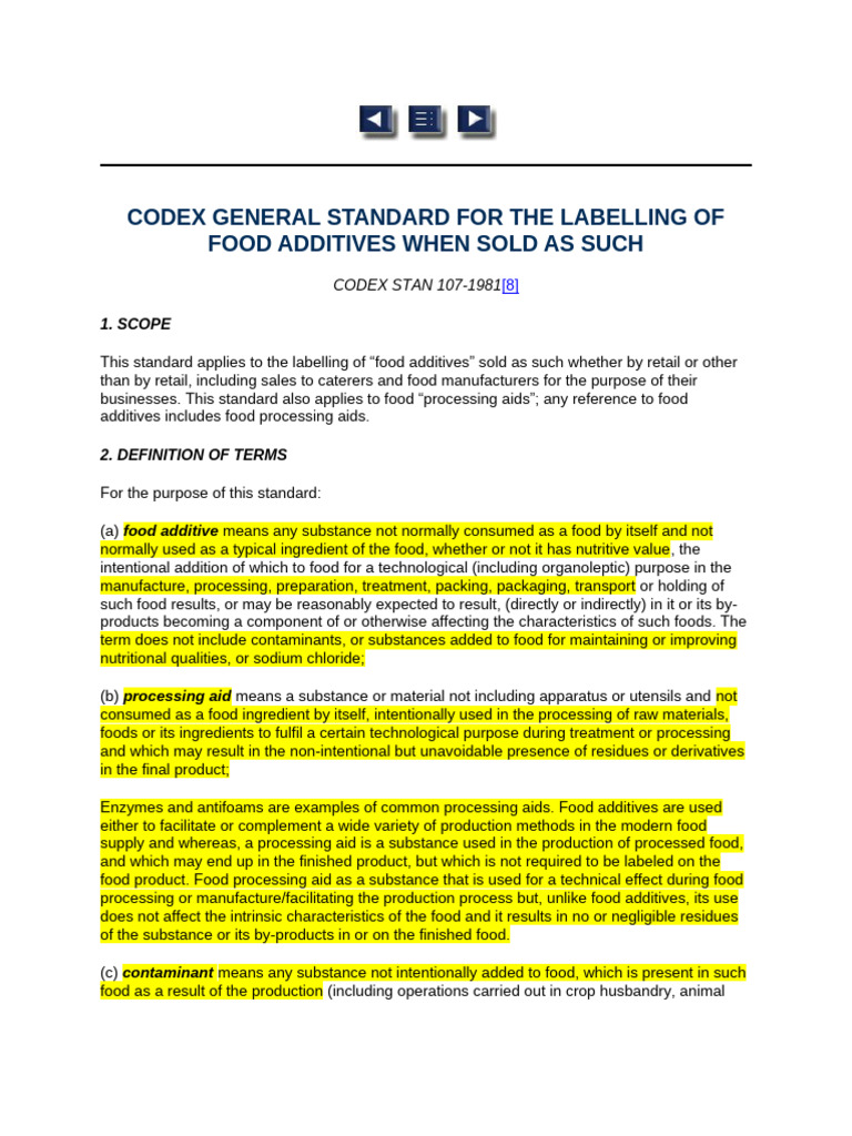 Codex General Standard For The Labelling of Food Additives When Sold As Such | PDF