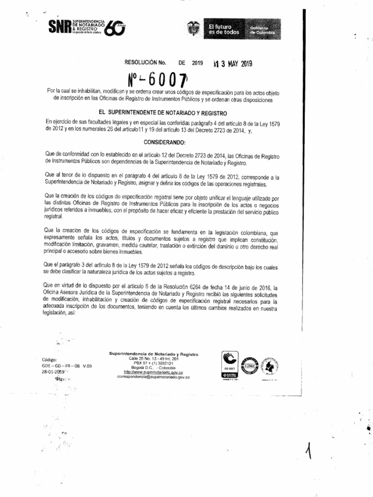 Resl 6007 19 Codigos Registrales | PDF | Propiedad | Sociedad de responsabilidad limitada