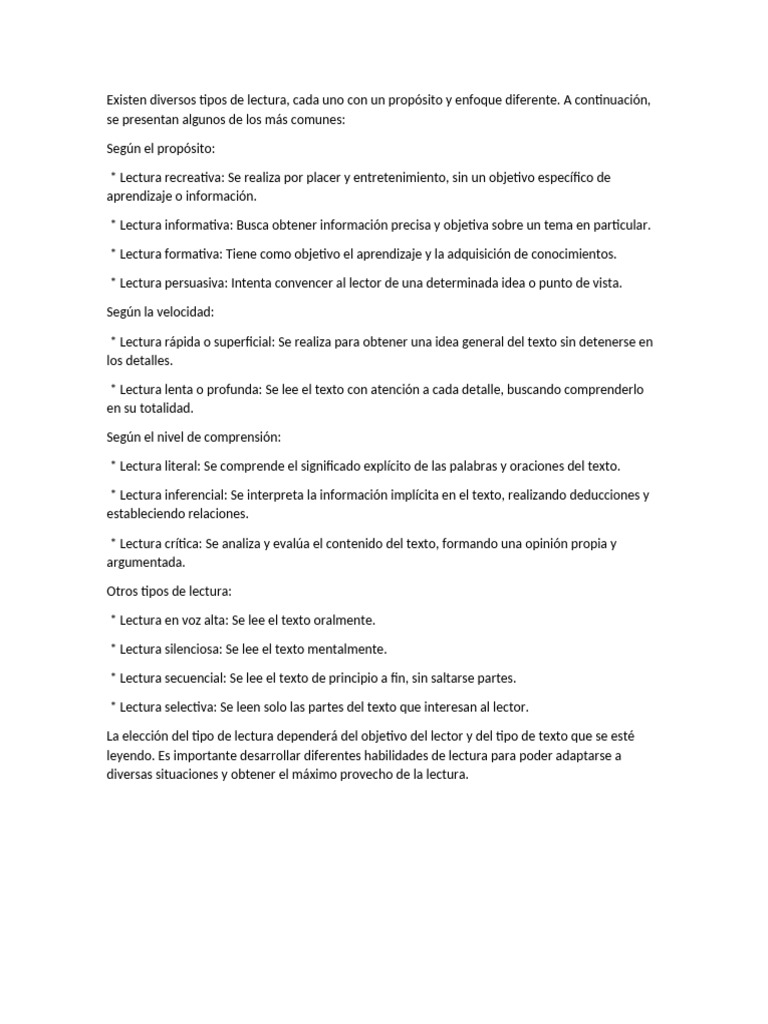 Tipos de Lectura y sus Características | PDF | Comprensión lectora ...