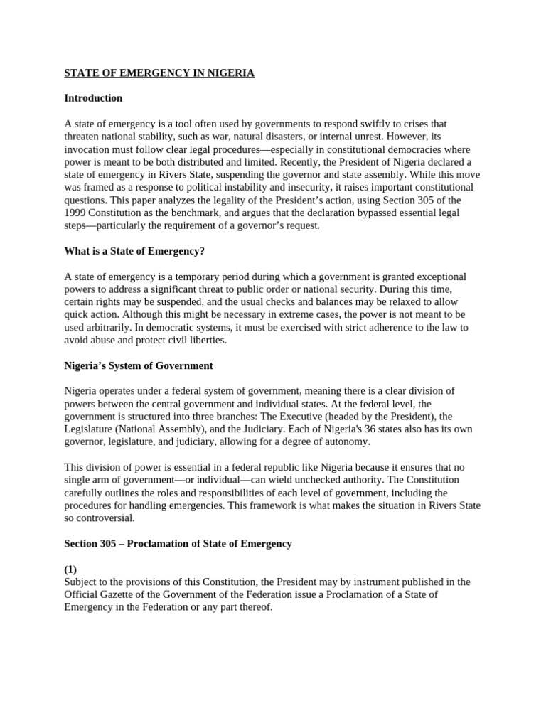 Legality of Nigeria's State of Emergency | PDF | State Of Emergency ...
