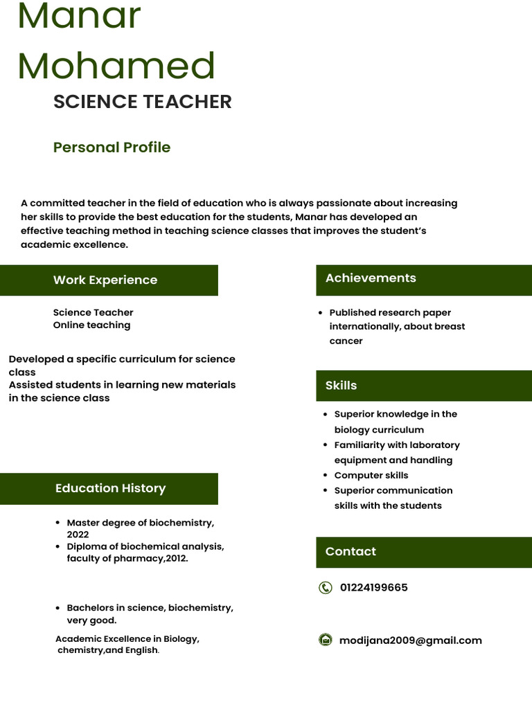 Green White Simple High School Teacher Resume | PDF