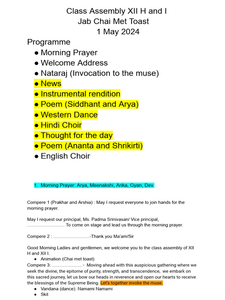 XII H and I Assembly Script | PDF | Laughter