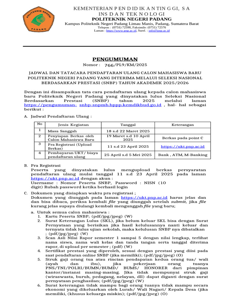 Jadwal & Tatacara Pendaftaran Ulang Maba Snbp Pnp_2025 | PDF