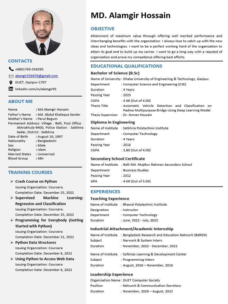 CV-of-Md.-Alamgir-Hossain-BSc-in-CSE_-DIU | PDF | My Sql | Computer Programming