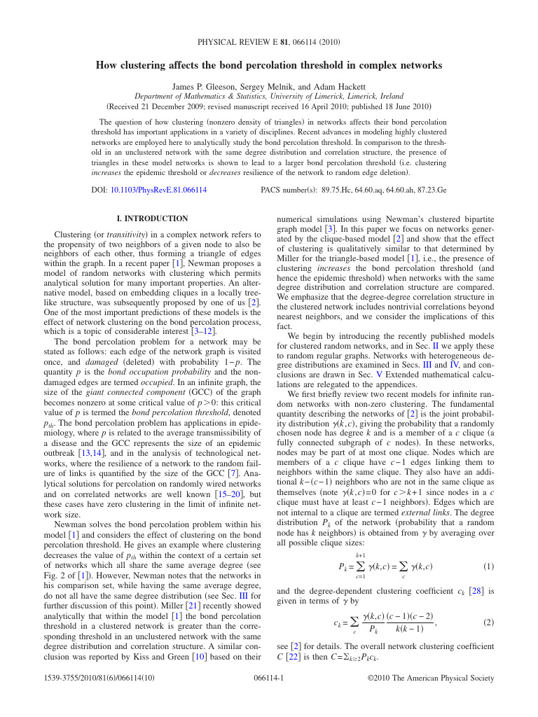 Clustering and Bond Percolation Threshold | PDF | Applied Mathematics ...