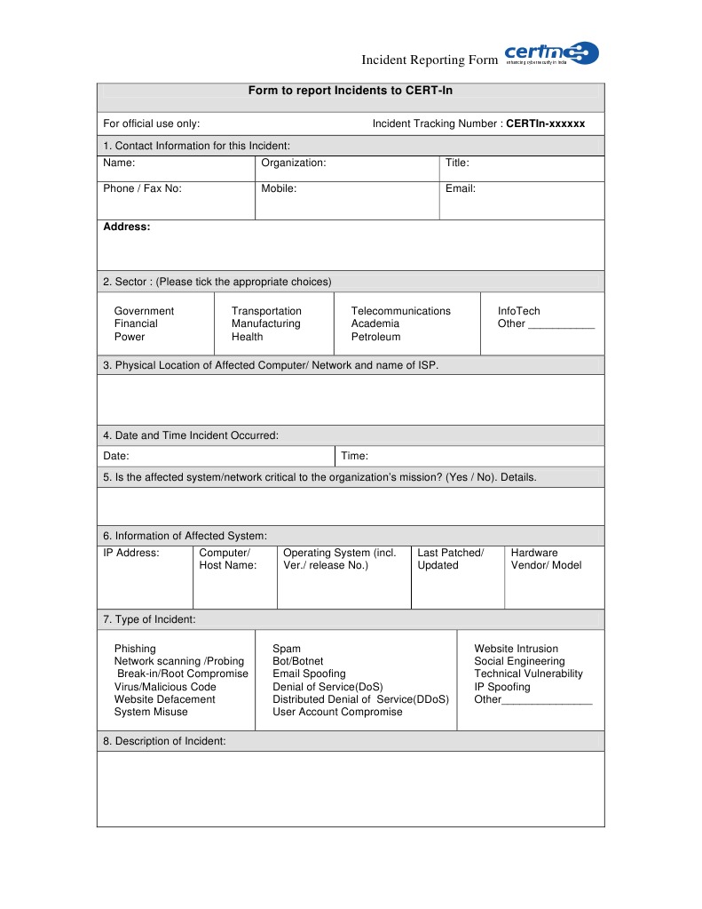 Incident Reporting Form: Form To Report Incidents To CERT-In | PDF ...