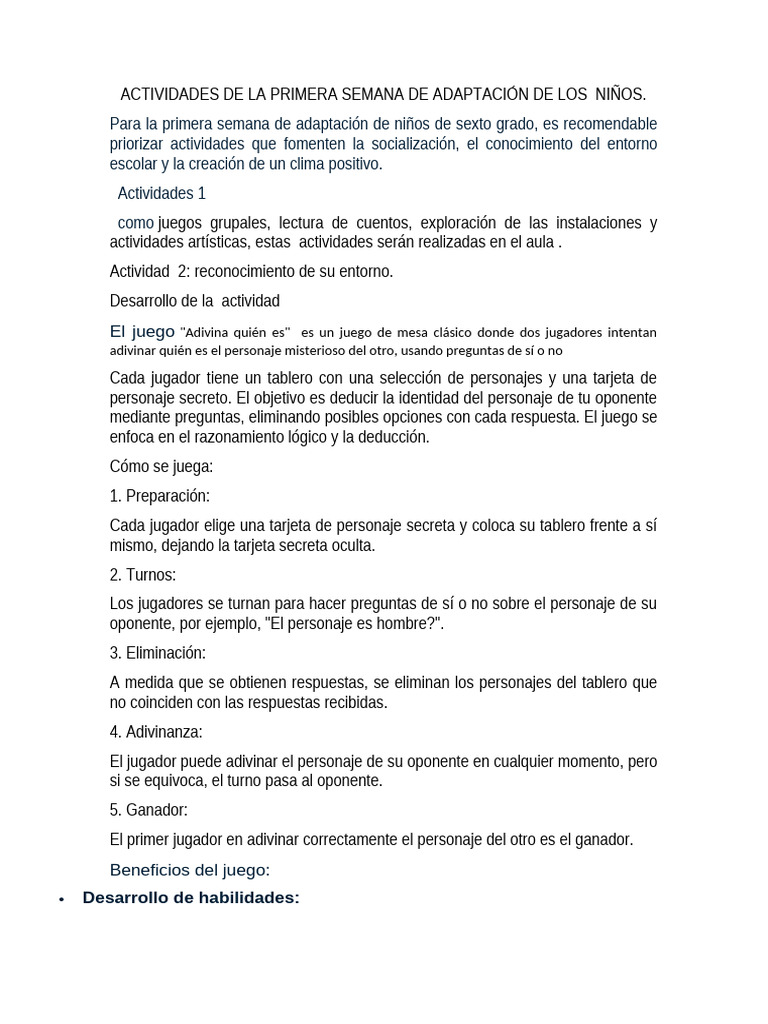 Actividades de La Primera Semana de Adaptación de Los Niños | PDF