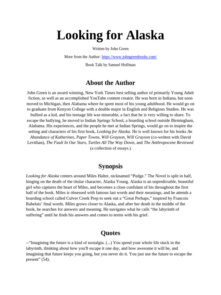 Samuel Hoffman-Looking For Alaska Book Talk | PDF
