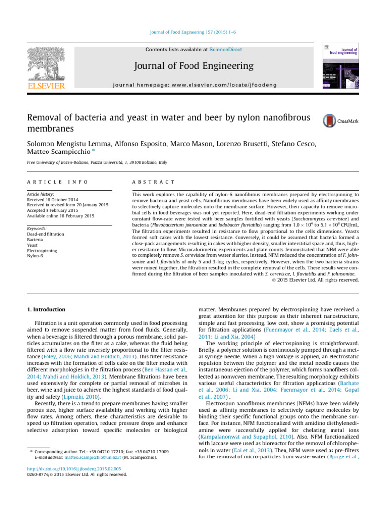Removal of Bacteria and Yeast in Water and Beer by Nylon Nanofibrous ...