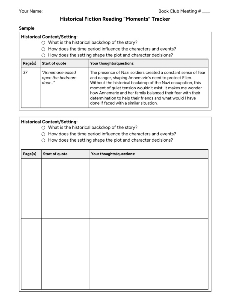 Historical Fiction Reading "Moments" Tracker | PDF