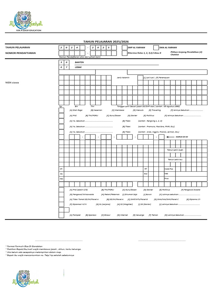 Formulir PSB - Smp-Sma Al Farhan2025 | PDF
