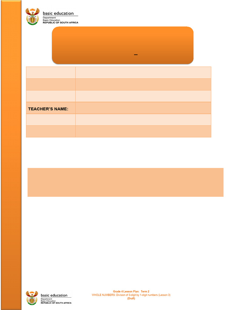 Grade 4 Division Lesson Plan | PDF | Homework | Lesson Plan