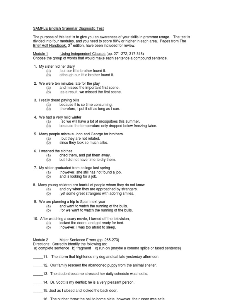 Sample English Grammar Diagnostic Test | PDF
