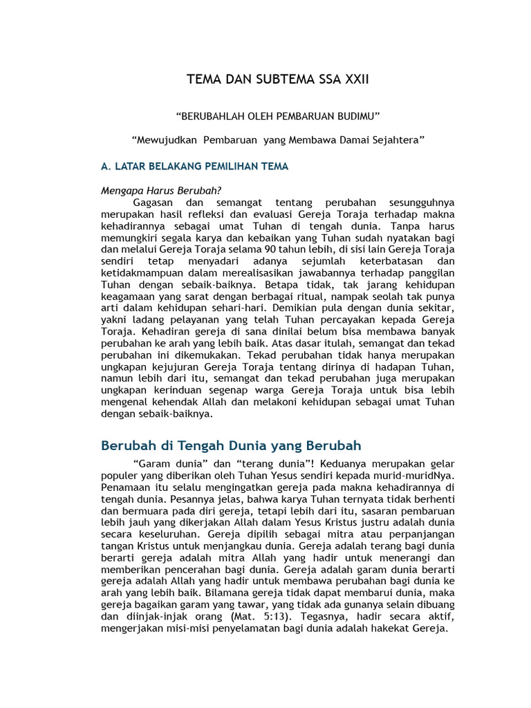 TEMA DAN SUBTEMA SSA XXII Gereja Toraja Di Jakarta, Jakarta 3-8 Juli 2006 | PDF