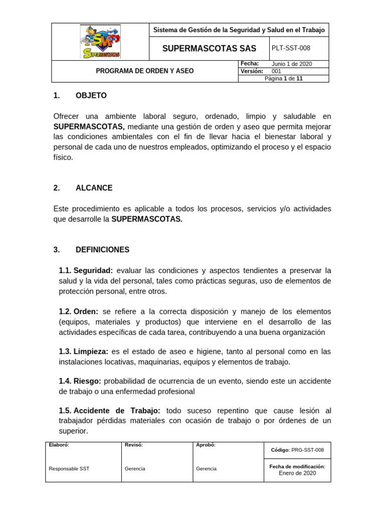 PRG-SST-008 Programa de Orden y Aseo | PDF | Higiene | La seguridad